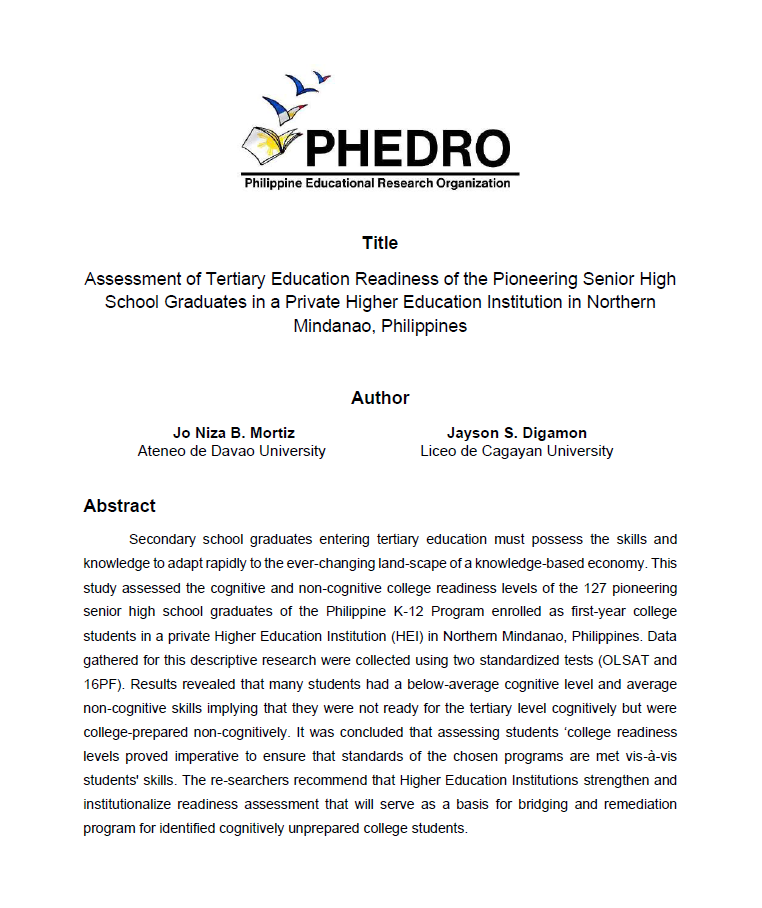 Assessment of Tertiary Education Readiness of the Pioneering Senior ...